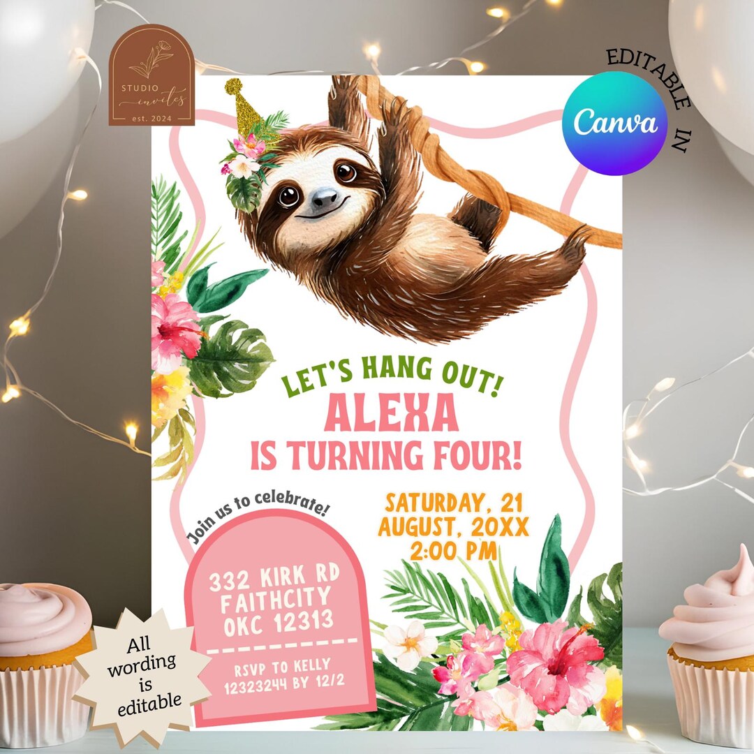 Tropical Girl Pink Sloth Birthday Invitation, Jungle Animal Let's Hang ...