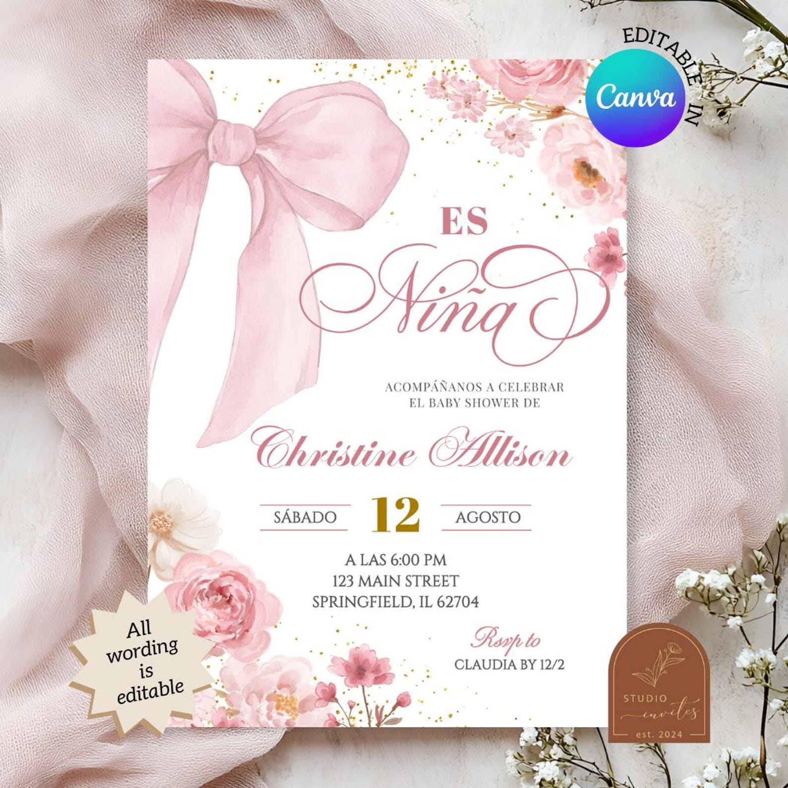 Blush Pink Bow Coquette Spanish Baby Shower Invitation, Es Nina Spanish ...