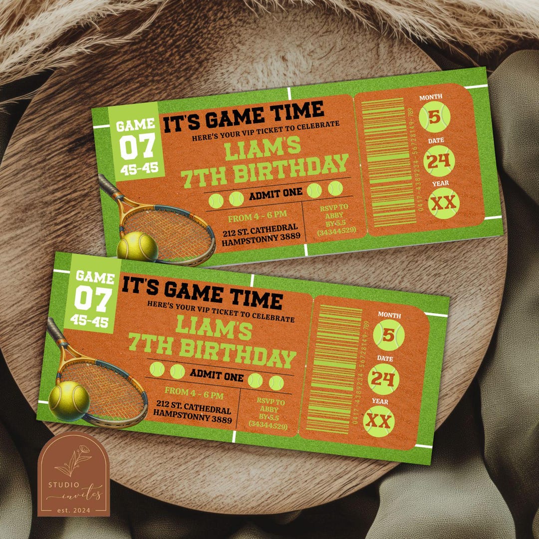 Tennis Ticket Birthday Invitation, Tennis Match Game Birthday Ticket ...