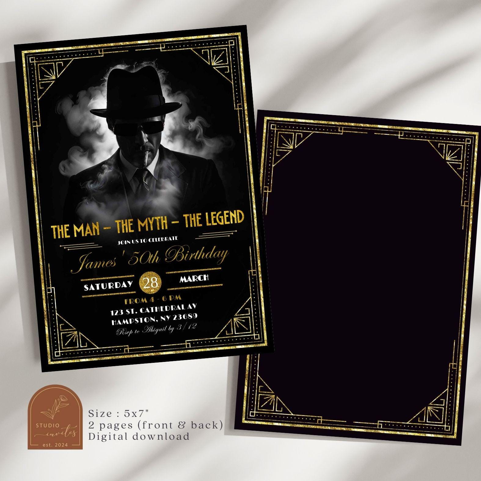 Gold Art Deco Legend Birthday Invitation, the Man Myth Legend 50th ...