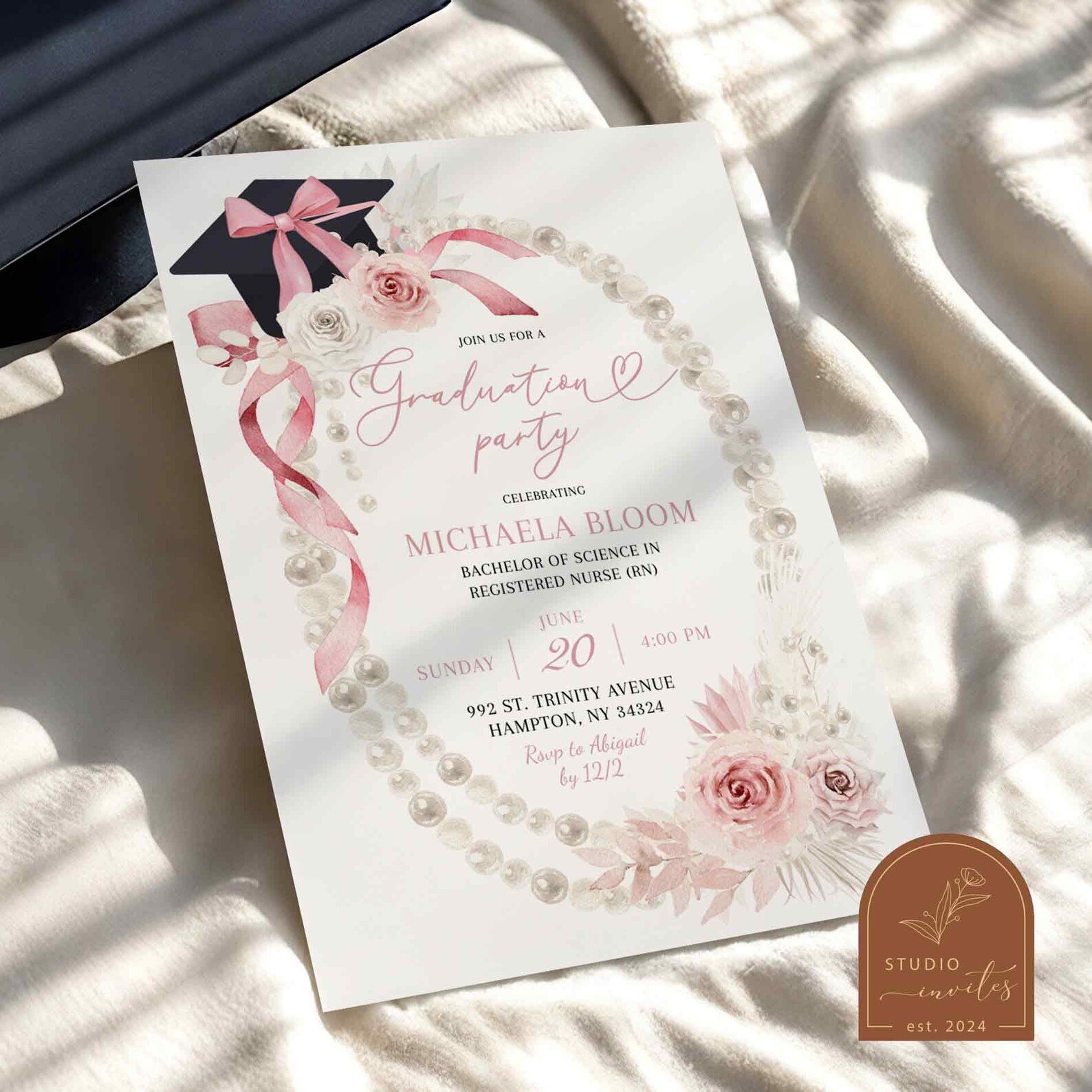 Pearl Boho Pink Floral Graduation Party Invitation, Pink Bow and Pearl ...