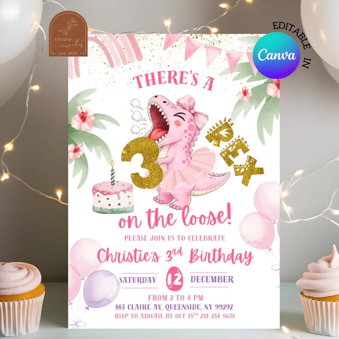 Pink Roaring Dinosaur 3-rex Birthday Invitation, Three-rex on the Loose ...