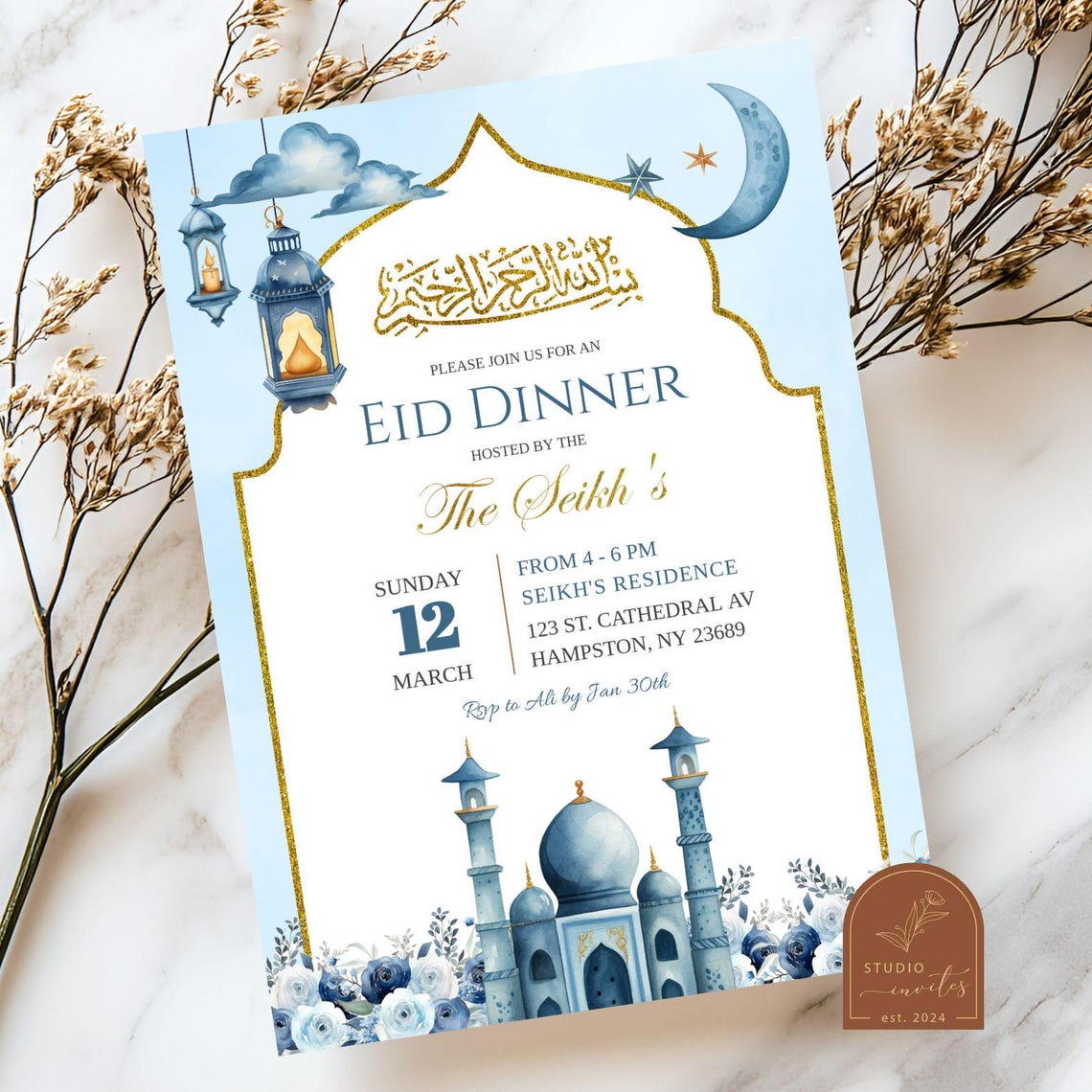 Blue Floral Eid Dinner Invitation, Eid Mubarak Arabian Dinner Party ...