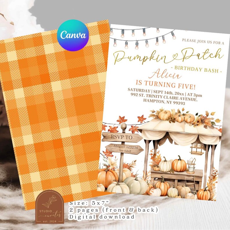 Fall Pumpkin Patch Birthday Bash Invitation, Maple Leaves Birthday Invitation, Fall Plaid Orange ...