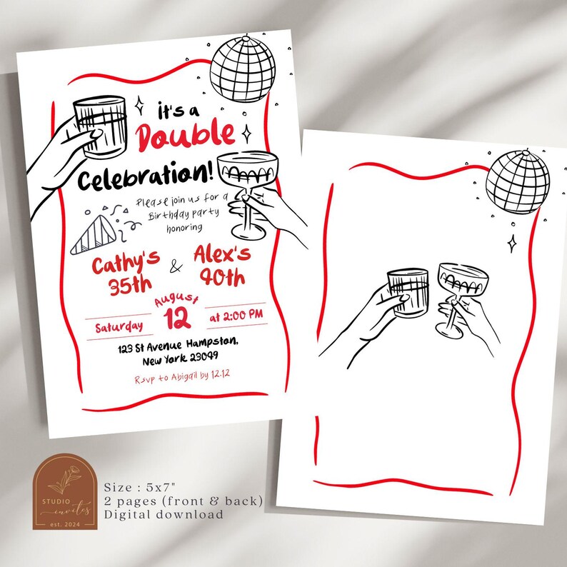 Handdrawn Double Celebration Joint Birthday Invitation, Groovy Disco ...