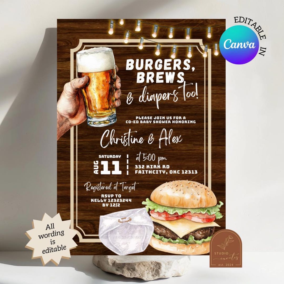 Rustic Wood Burger Brew and Diapers Too Co-ed Baby Shower Invitation ...