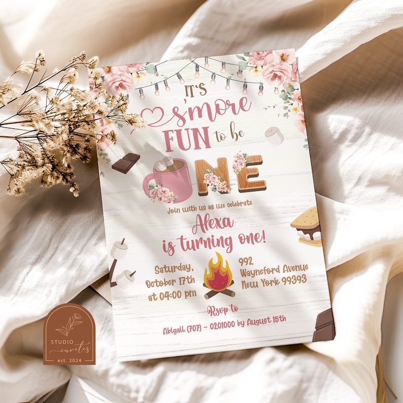 Pink S'more Girl First Birthday Invitation, It's Smore Fun to Be One ...