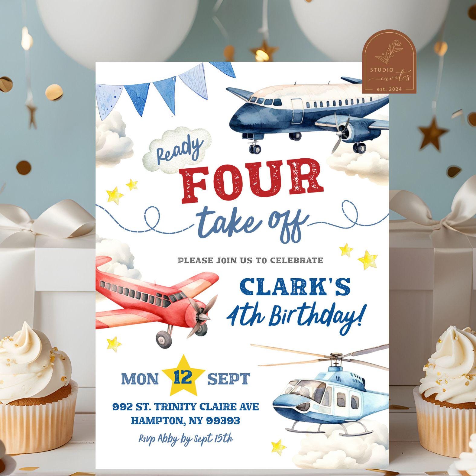 Airplanes 4th Birthday Boy Invitation, Ready Four Take off Plane 4th ...