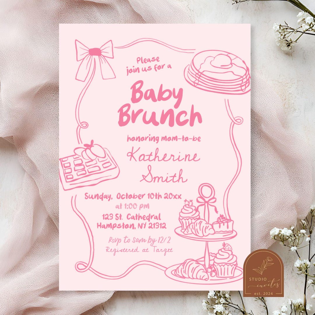Pink Hand Drawn Baby Brunch Invitation, Pink Bow Coquette Sweet ...