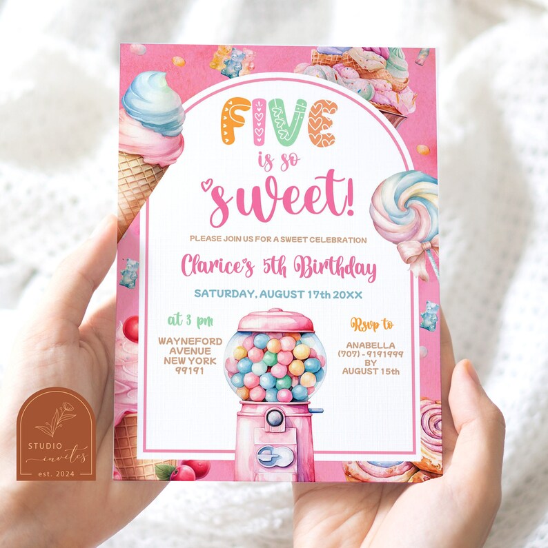 Modern Colorful Candies Kid's 5th Birthday Invitation, Five is so Sweet ...