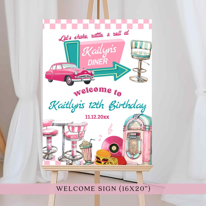 Pink Retro Diner Girl Birthday Welcome Sign, 1950s Diner Retro Welcome ...