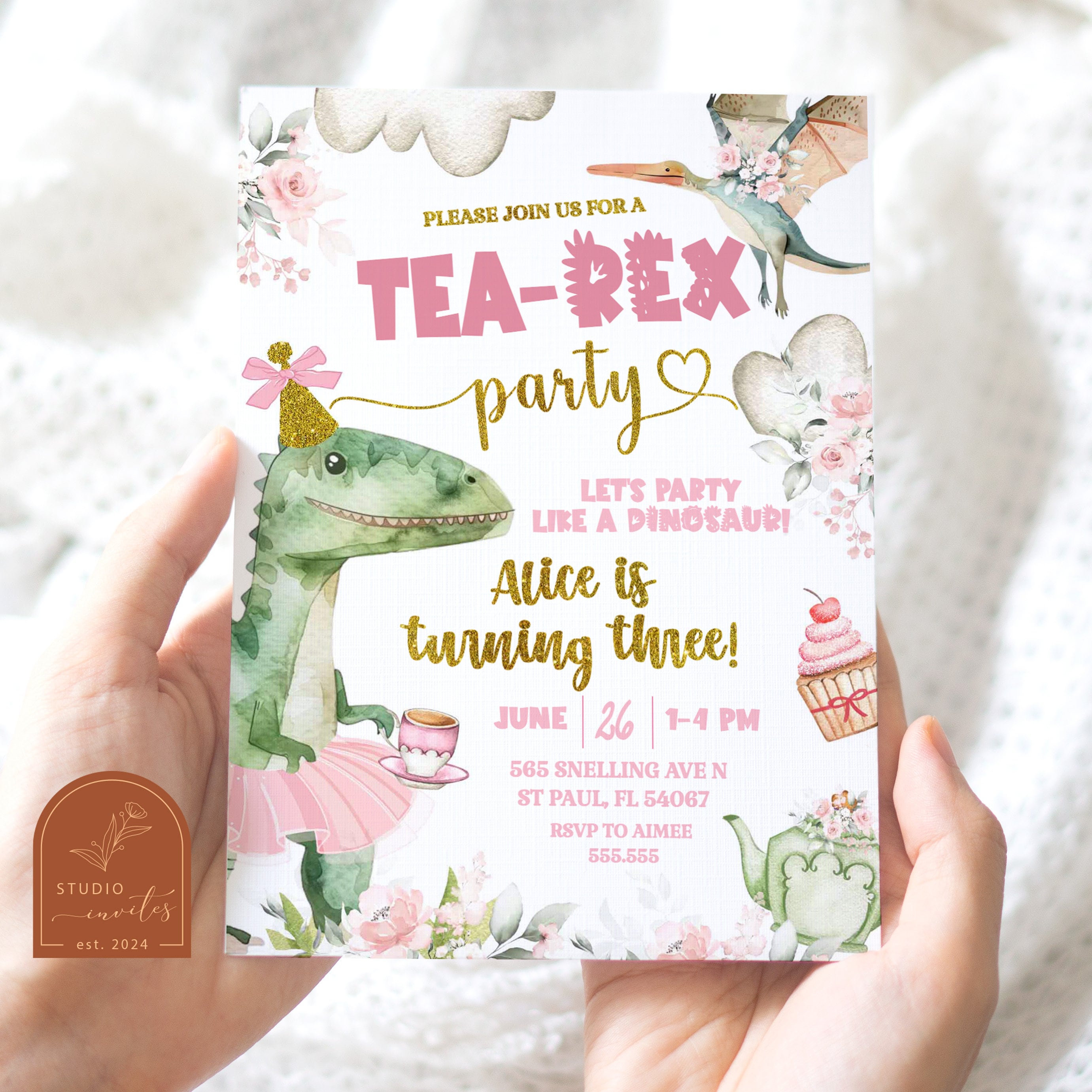 Any Age Tea Rex Girl Dinosaur Tutu Invitation, Three Rex Tutu Dinosaur ...