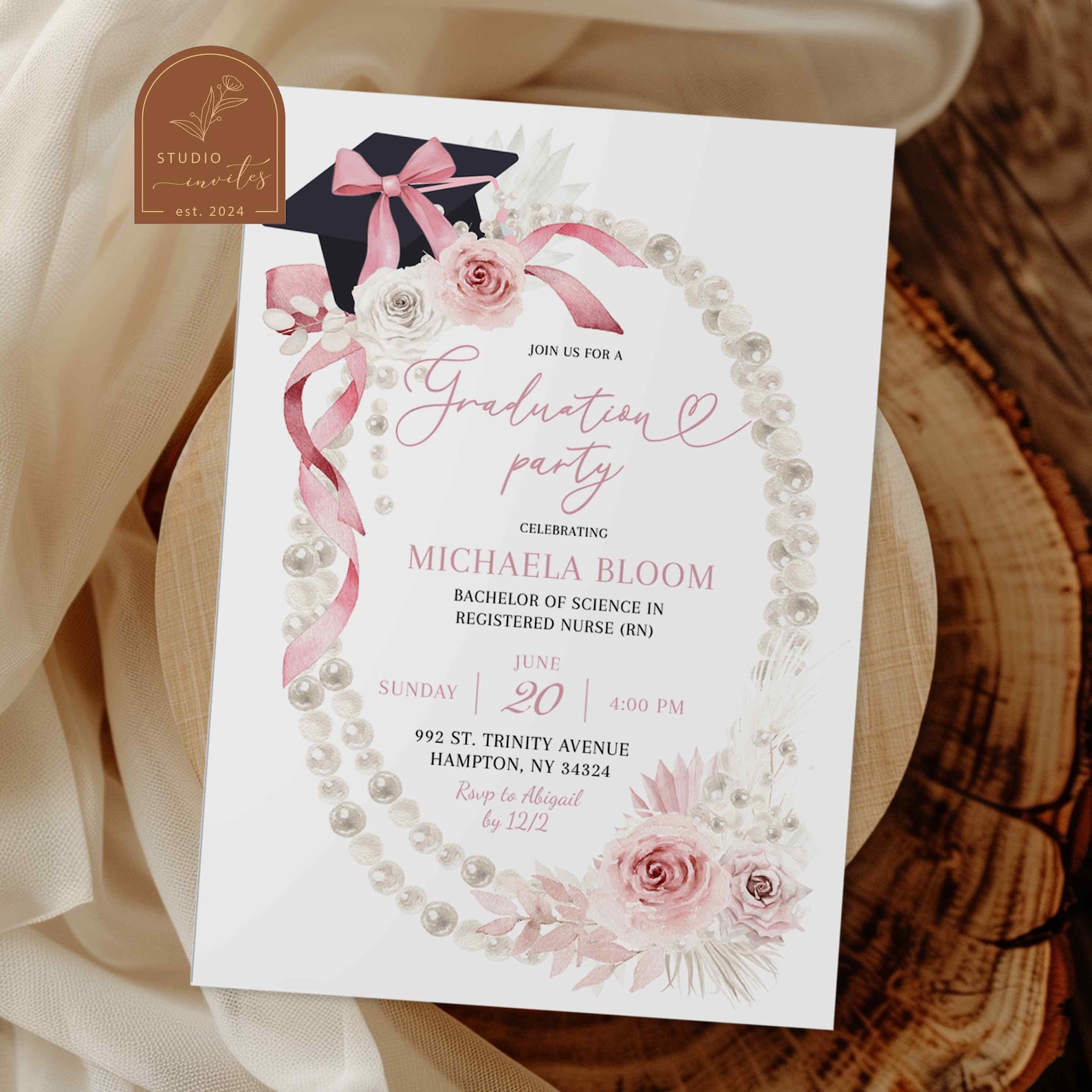 Pearl Boho Pink Floral Graduation Party Invitation, Pink Bow and Pearl ...