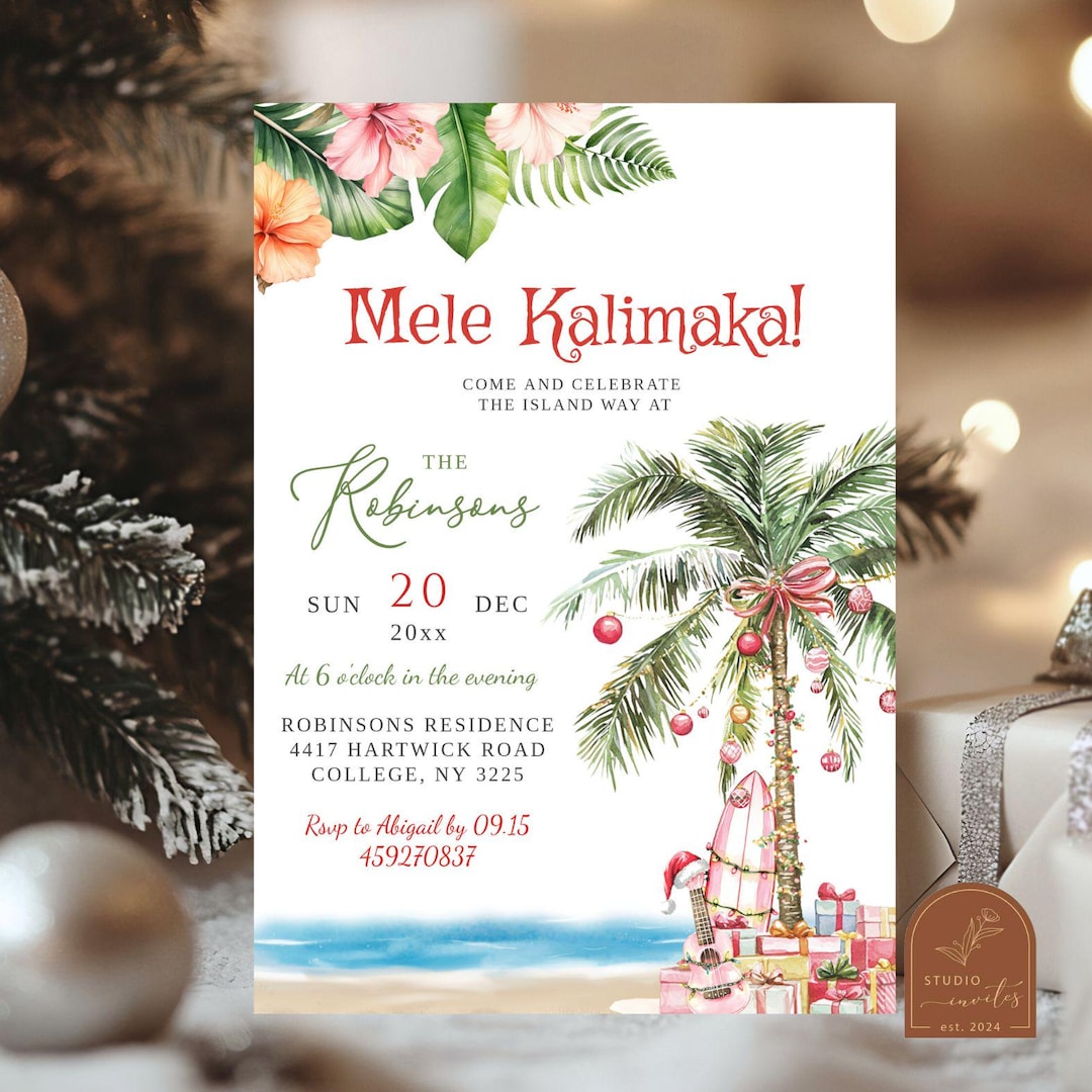 Pink Mele Kalimaka Hawaii Christmas Invitation, Palm Tree Tropical ...