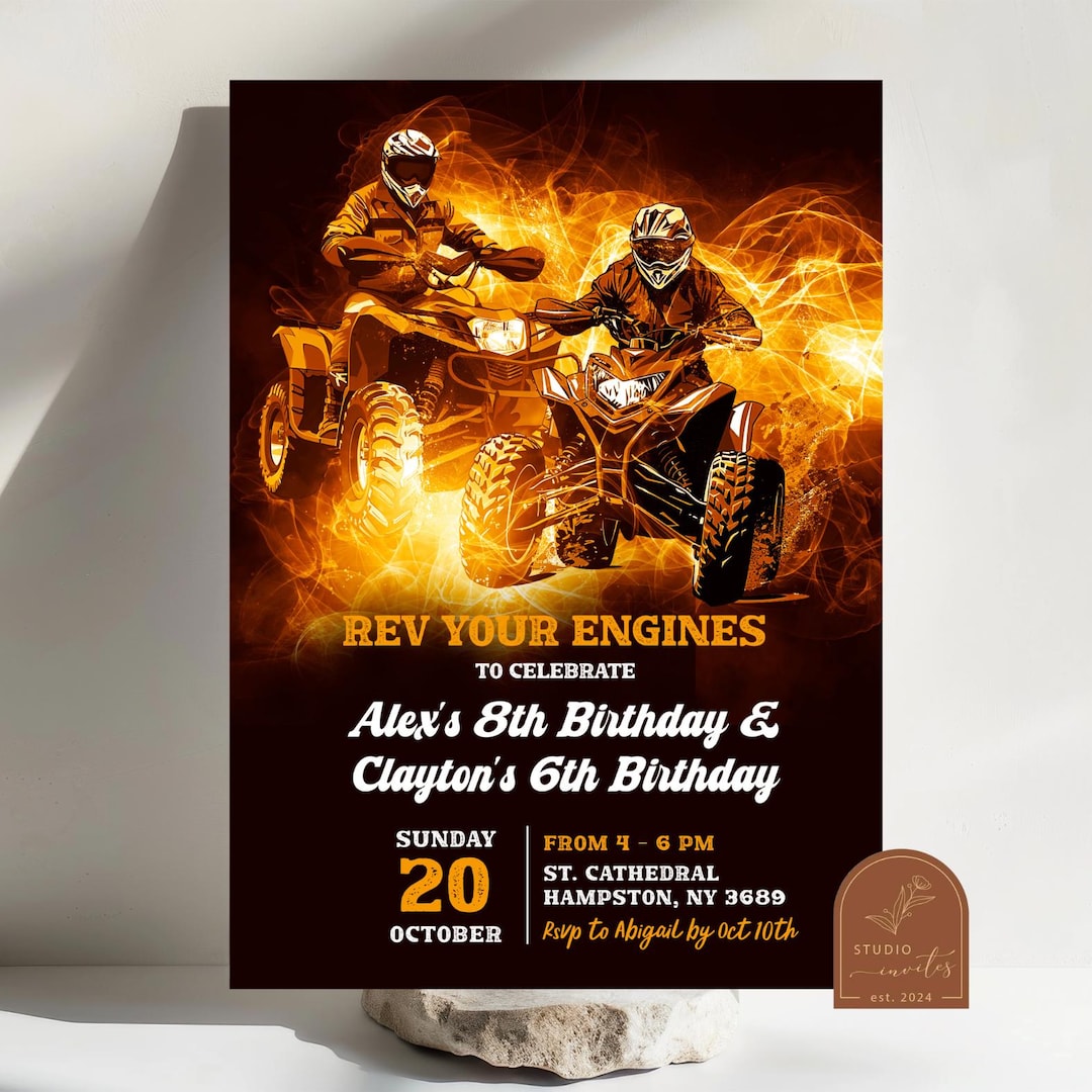 ATV Quad Bike Twins Birthday Invitation, Rev Your Engines ATV Birthday ...