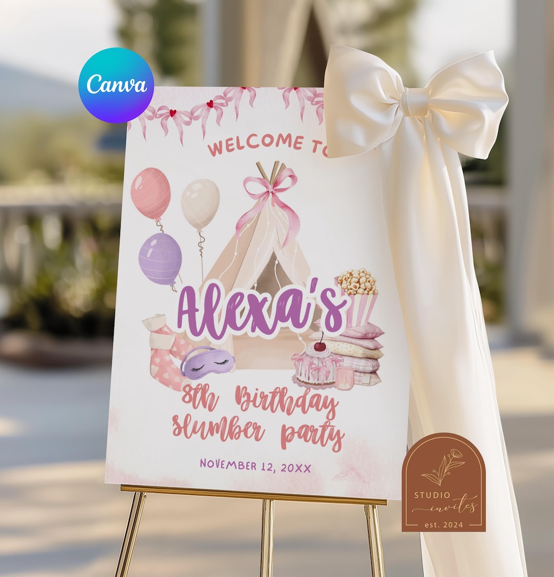 Sleepover Coquette Teepee Birthday Party Welcome Sign, Pink Bow Slumber ...