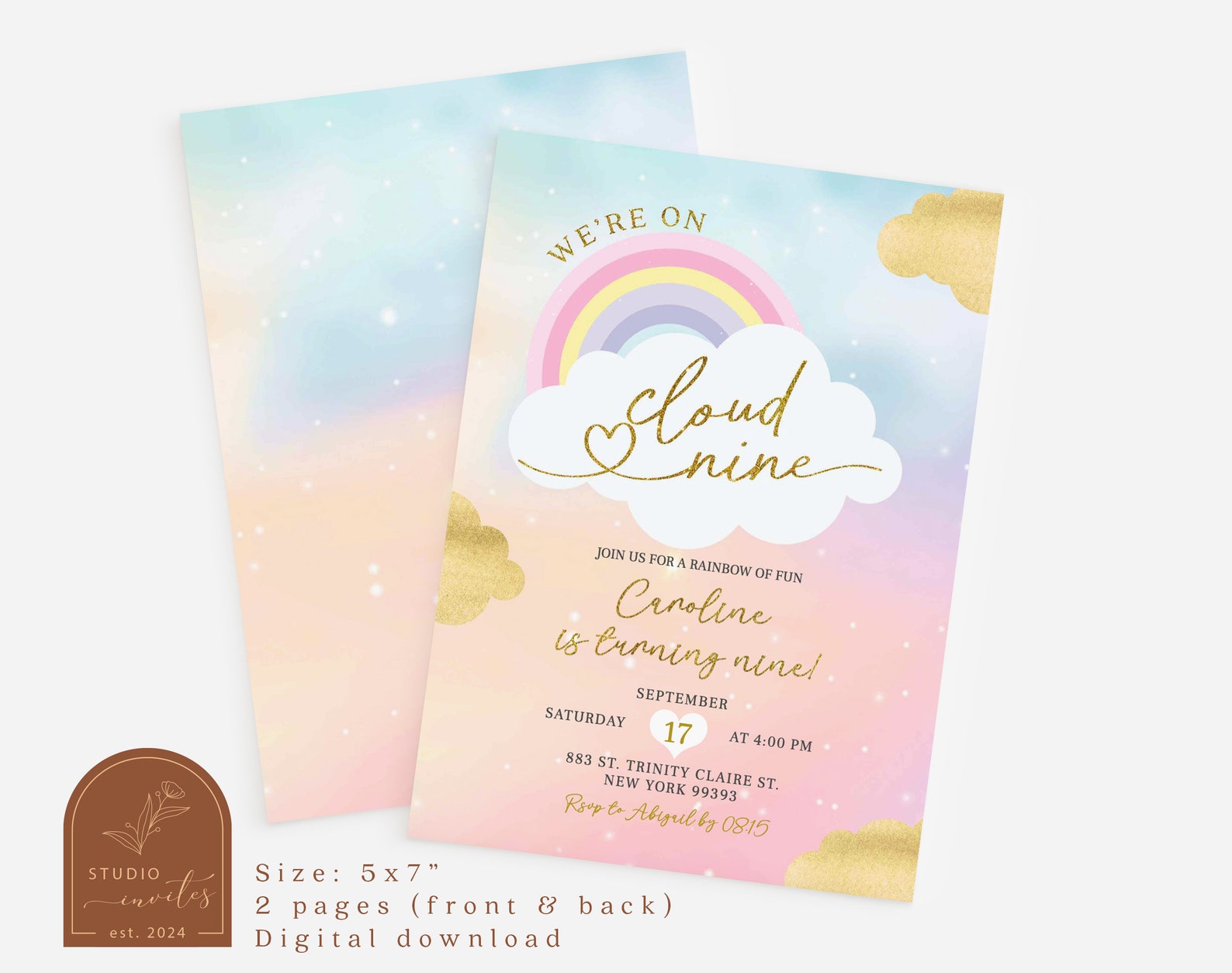 Editable Cloud and Rainbow 9th Birthday Invitation, Colorful Cloud Nine ...