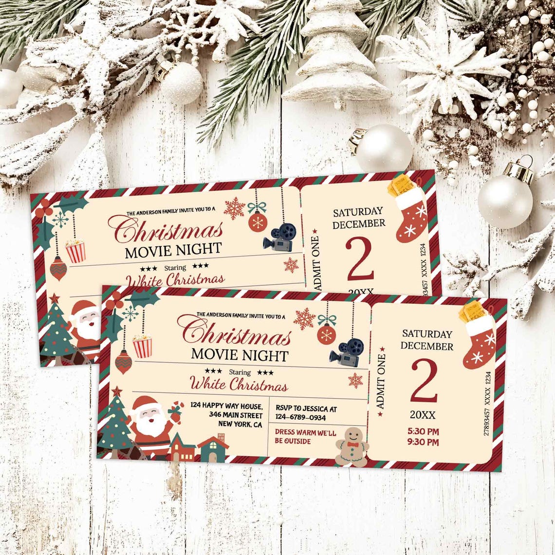 Christmas Movie Night Ticket Invitation, Winter Santa Outdoor Movie ...