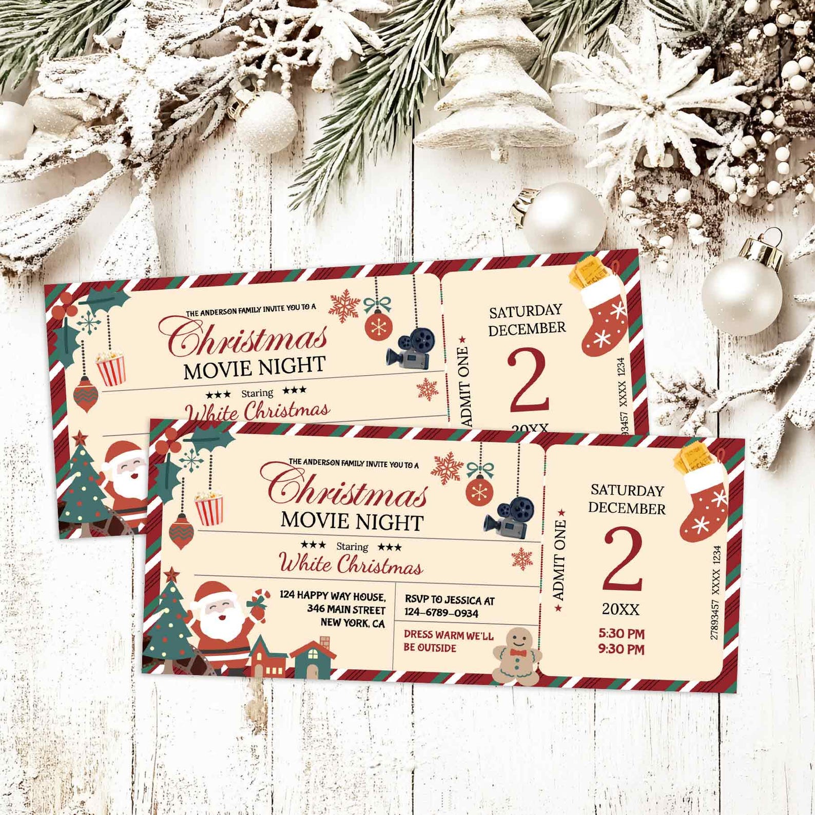 Christmas Movie Night Ticket Invitation, Winter Santa Outdoor Movie ...