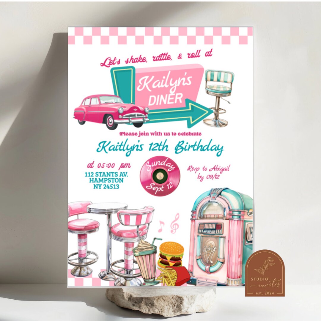 Pink Retro Diner Girl Birthday Party Invitation, 1950s Diner Retro ...