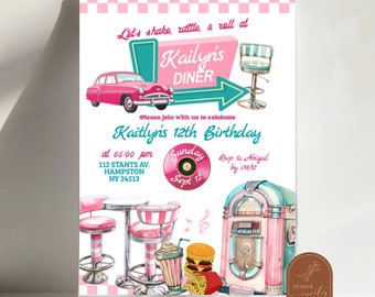Pink Retro Diner Girl Birthday Party Invitation, 1950s Diner Retro ...