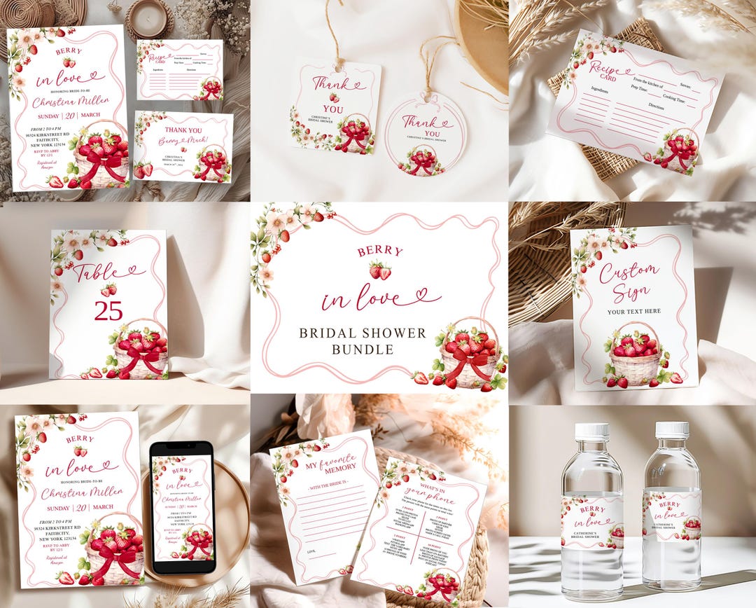 Red Bow Coquette Strawberry Bridal Shower Bundle, Berry in Love Bridal ...