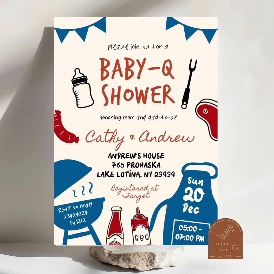 Hand Drawn Minimalist Babyq Blue Baby Shower Invitation, Summer Outdoor ...