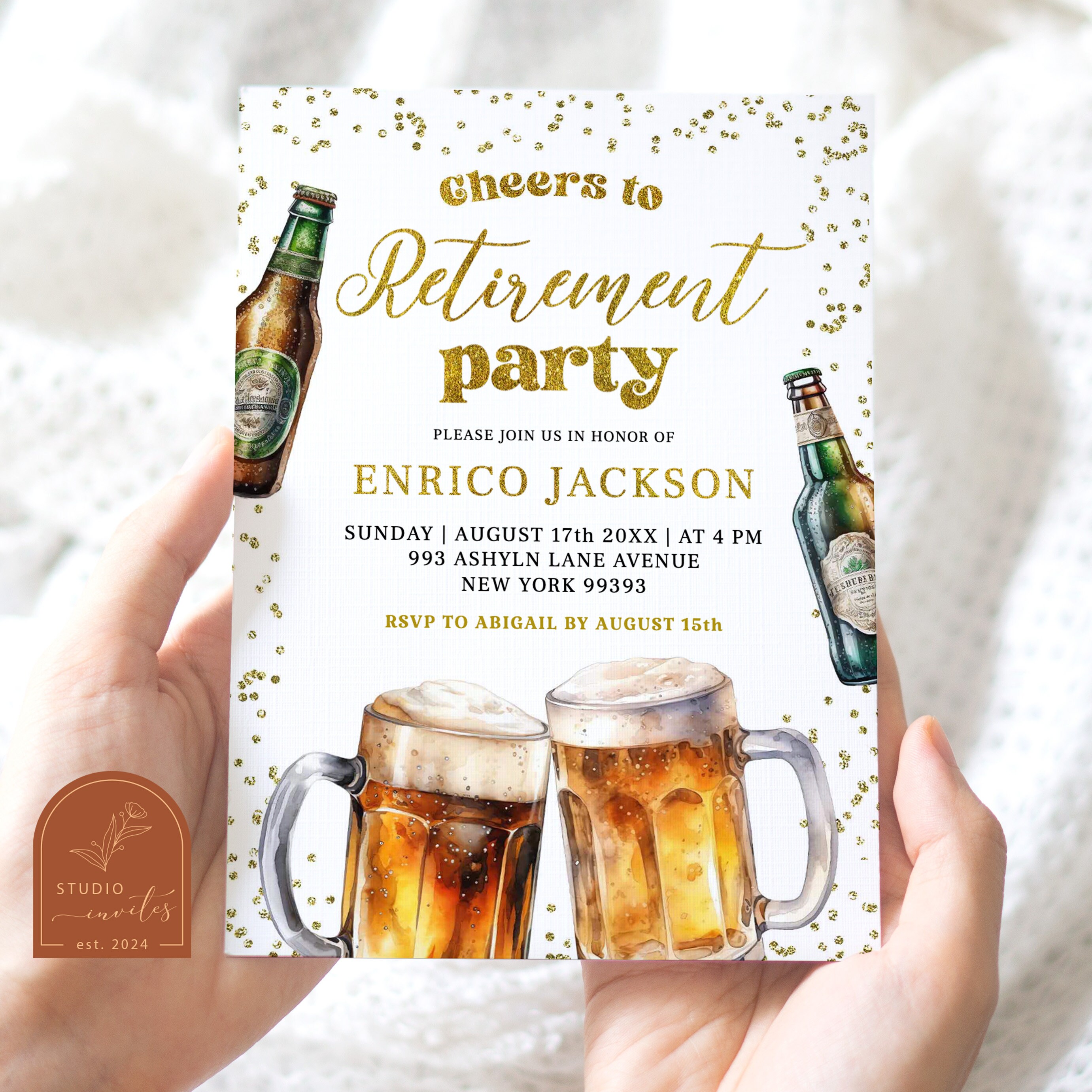 Modern Beer Cheers Retirement Party Invitation, Elegant Gold Glitter ...