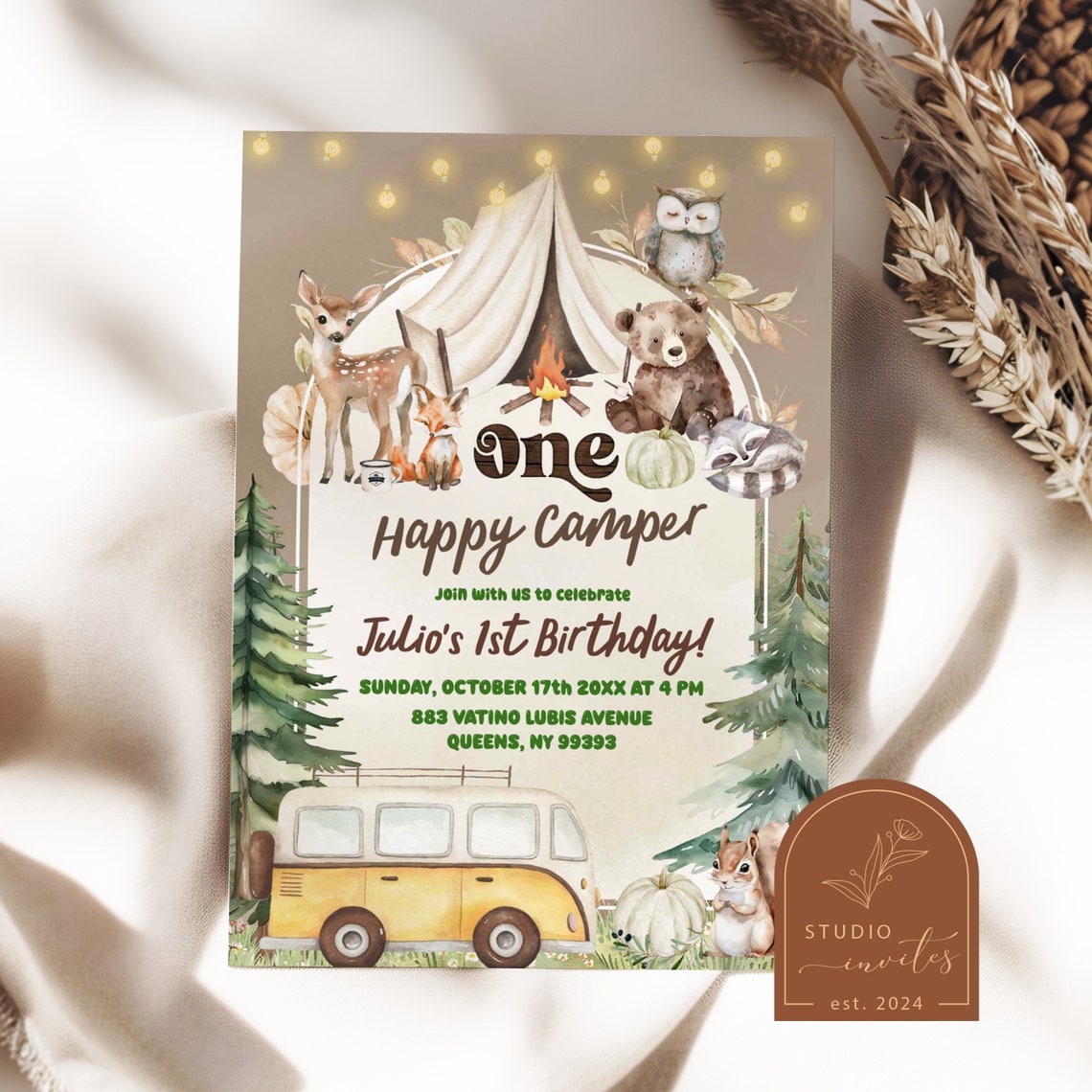 One Happy Camper 1st Birthday Invitation, Fall Woodland First Birthday ...
