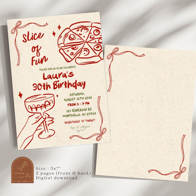 Slice of Fun Pizza Party Birthday Invitation, Red Bow Pizza and Wine ...