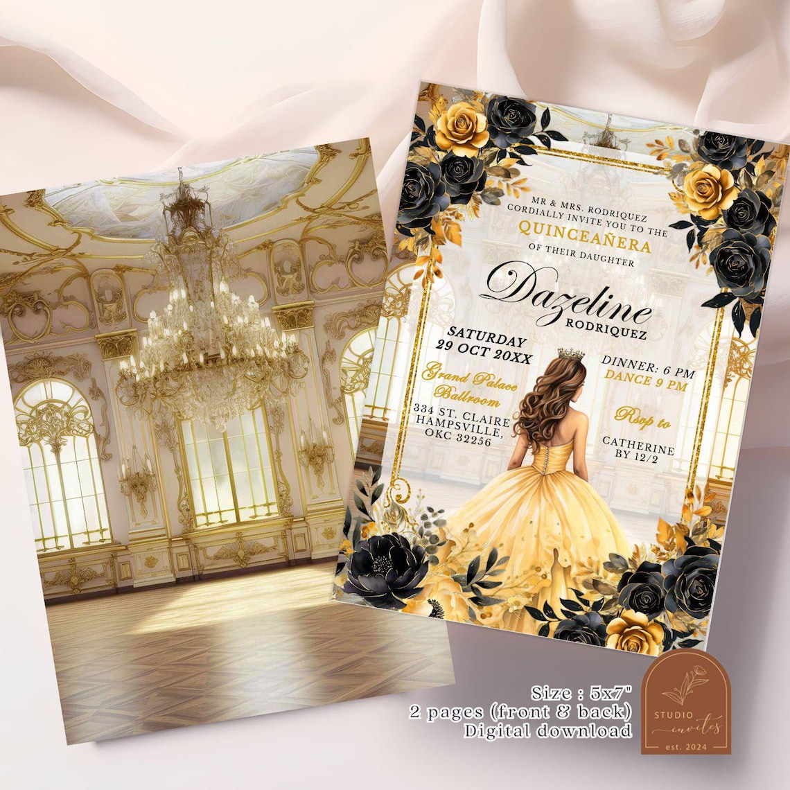 Black and Gold Ballroom Quinceañera Invitation, Royal Palace Black ...