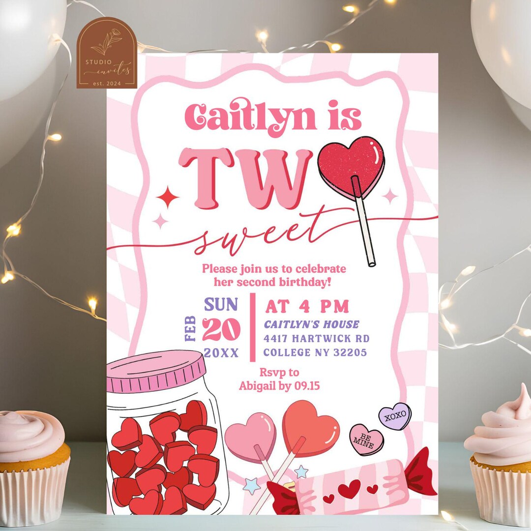 Preppy Two Sweets Birthday Girl Invitation, Pink Sweet Candy 2nd ...