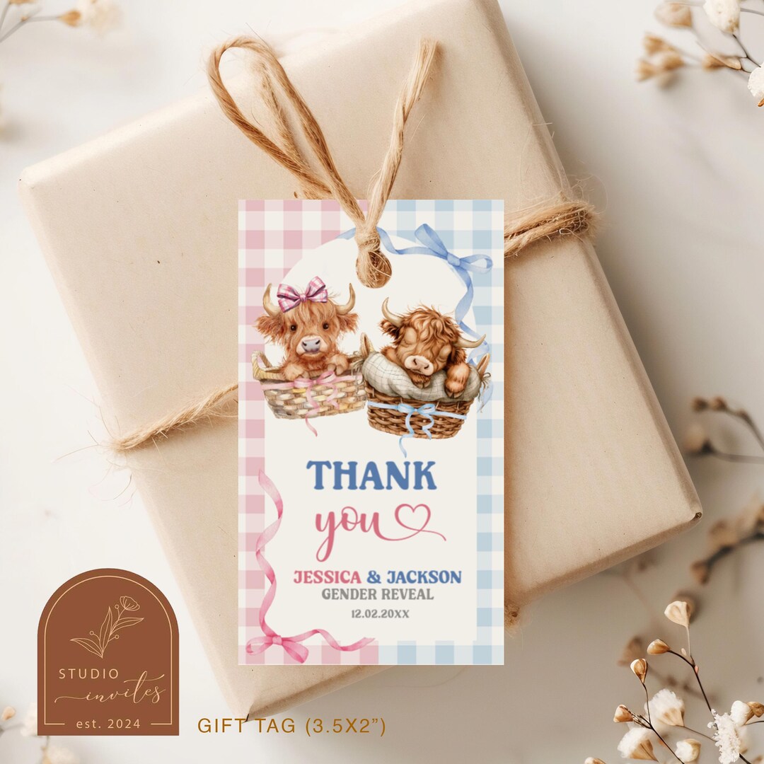 Heifer Bull Gender Reveal Thank You Tags, Highland Animal Gift Tag ...