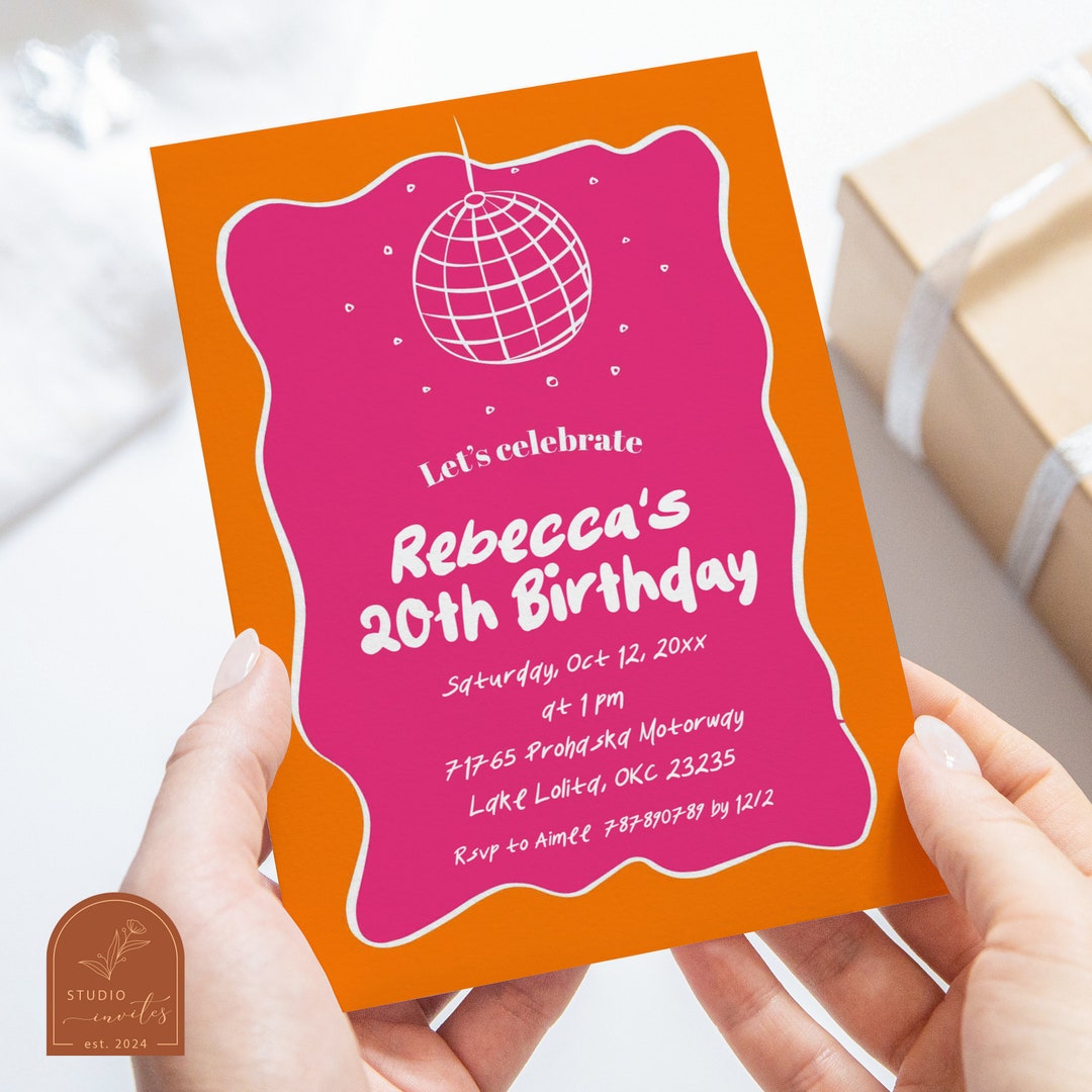 Pink and Orange Disco Ball Any Age Girl Birthday Party Invitation ...