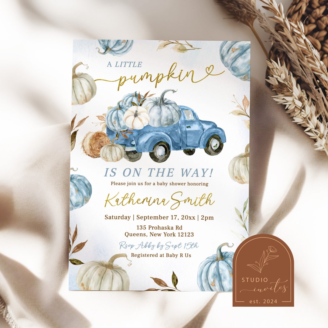 Blue Pumpkin Truck Baby Shower Invitation, Fall Little Pumpkin on the ...