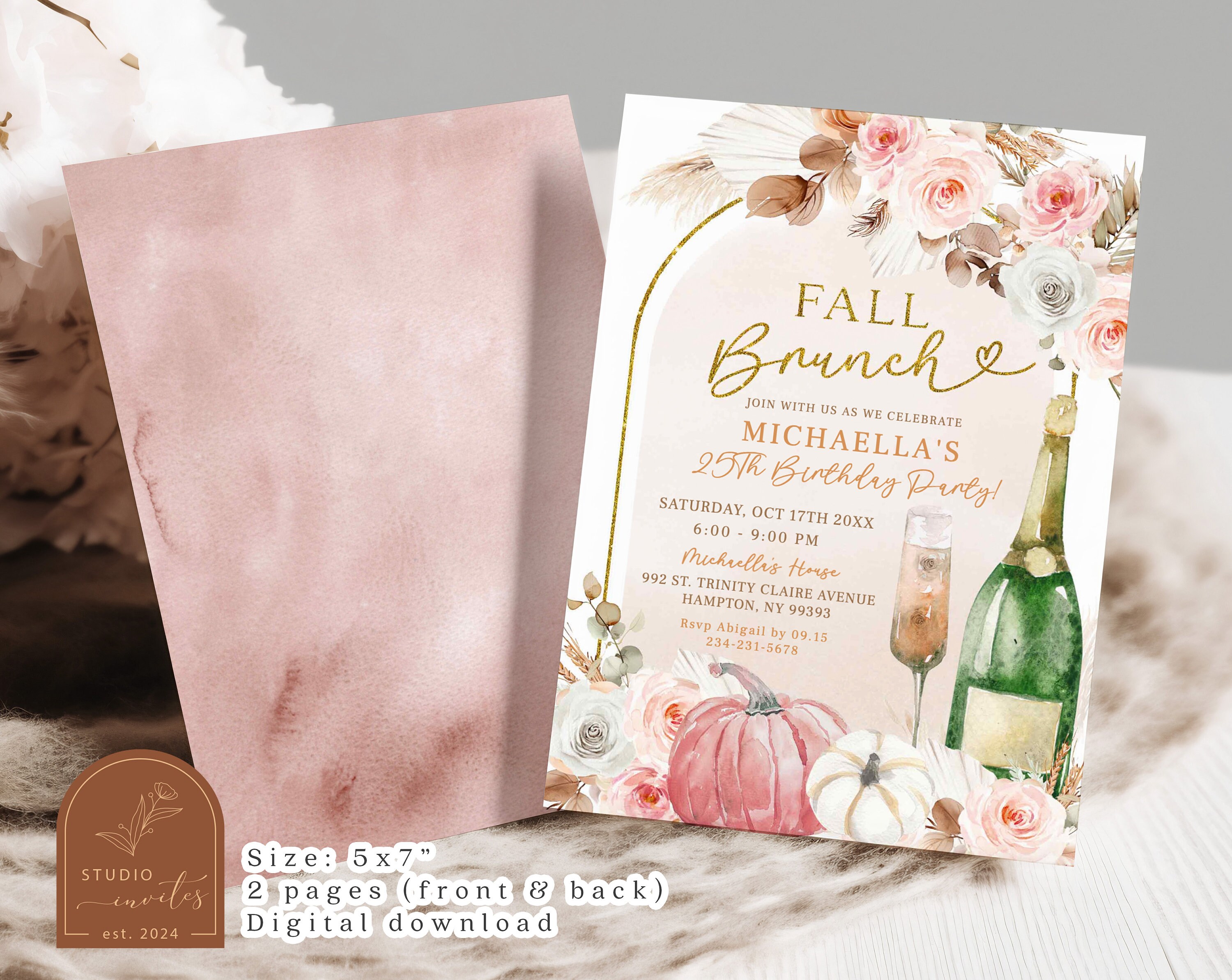 Fall Brunch Birthday Wine Invitation, Pink Arch Pumpkin Fall Brunch ...