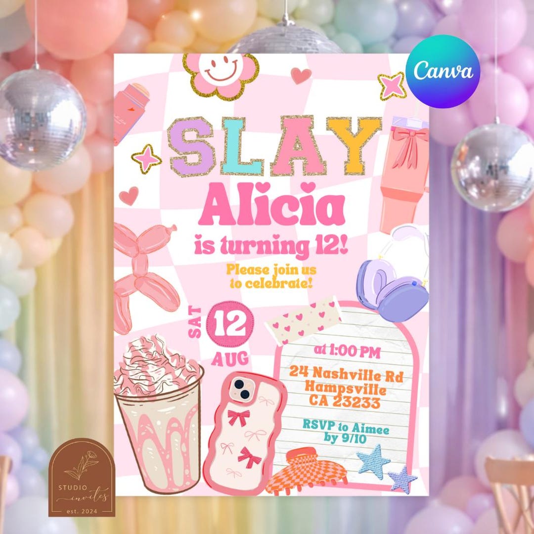 Retro Slay Aesthetic Tween Patch Party Birthday Invitation, Blush Pink ...