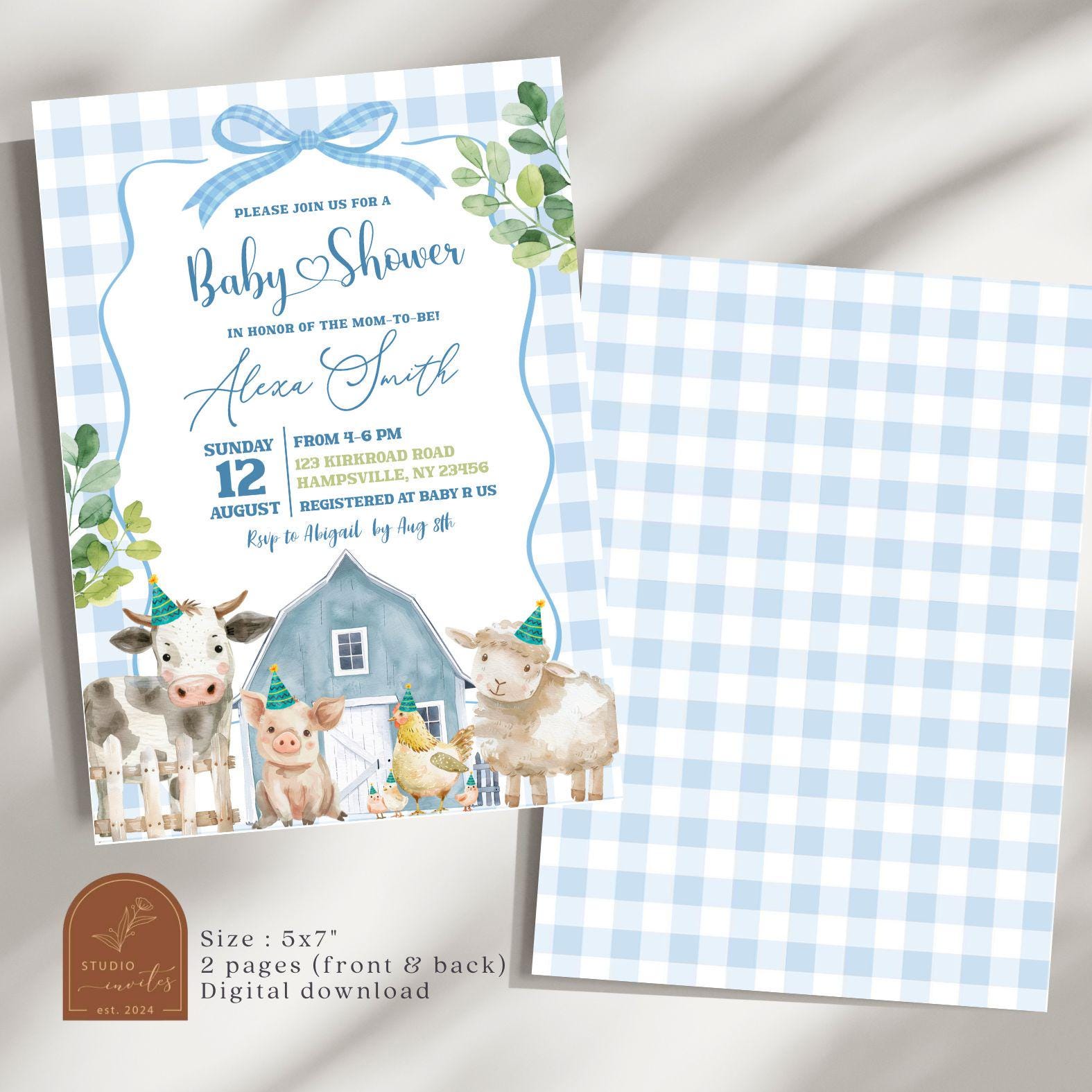 Preppy Blue Farm Animals Baby Shower Invitation, Blue Coquette Barnyard ...