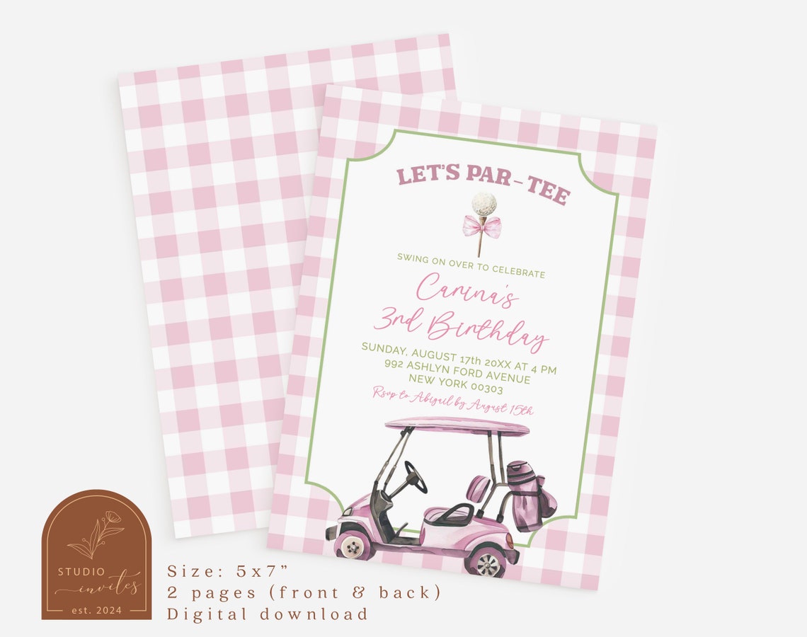 Editable Pink Preppy Girl's Birthday Invitation, Pink Checkered Let's ...