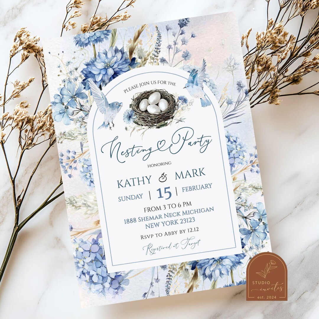 Bird Nest Baby Shower Invitation, Hydrangea Dusty Blue Birdie Baby ...