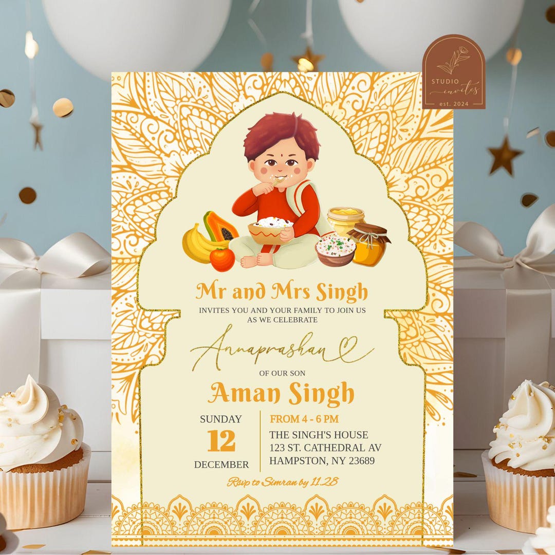 Yellow Annaprashan Baby Boy Invitation, Nepali Rice Feeding Ceremony ...