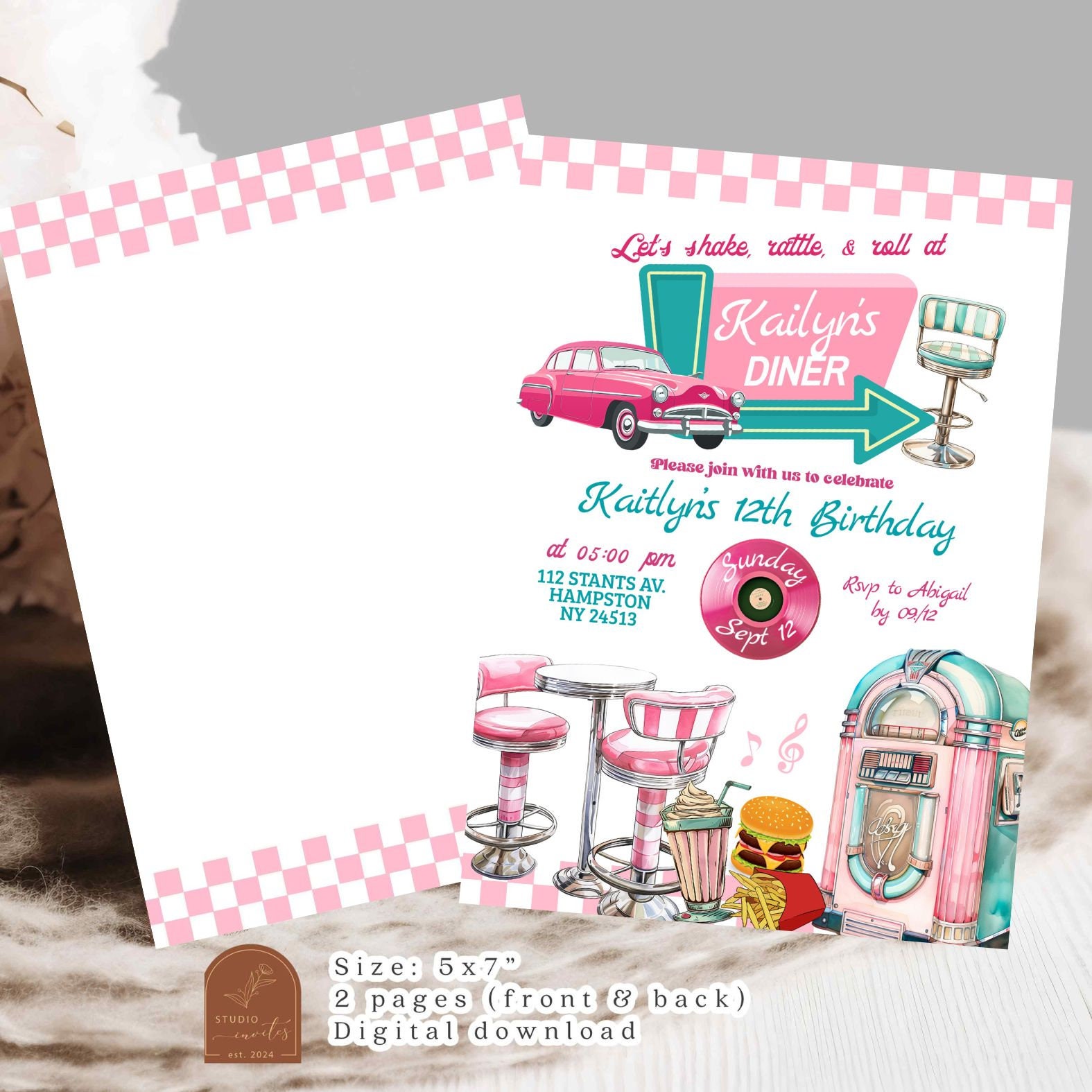 Pink Retro Diner Girl Birthday Party Invitation, 1950s Diner Retro ...
