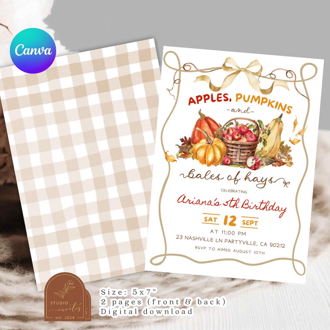 Coquette Apples Pumpkins and Bales of Hay Birthday Invite, Rustic Bow ...