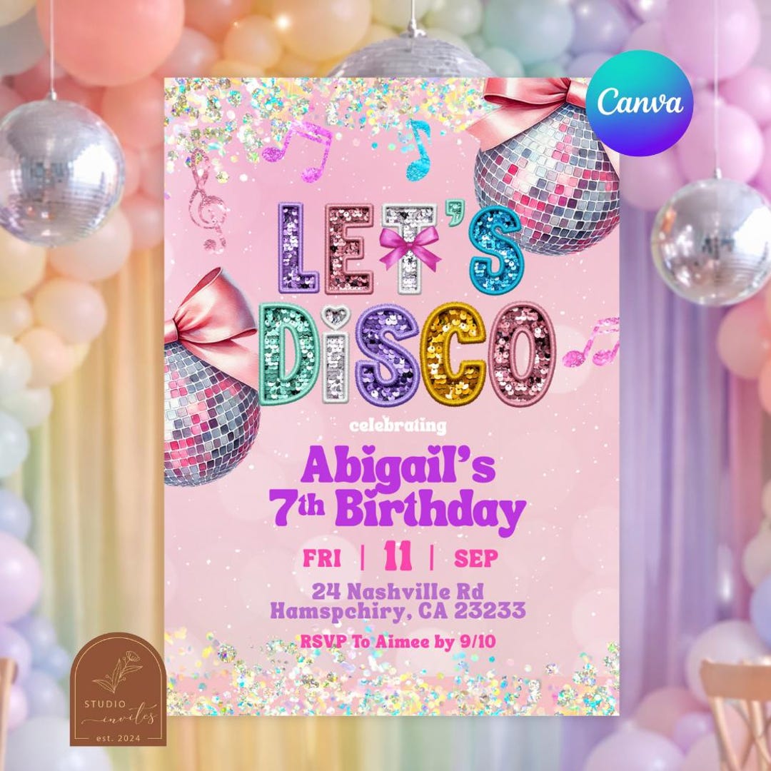 Pink Sequin Glitter Let's Disco Invitation, Pink Coquette Bow Discoball ...