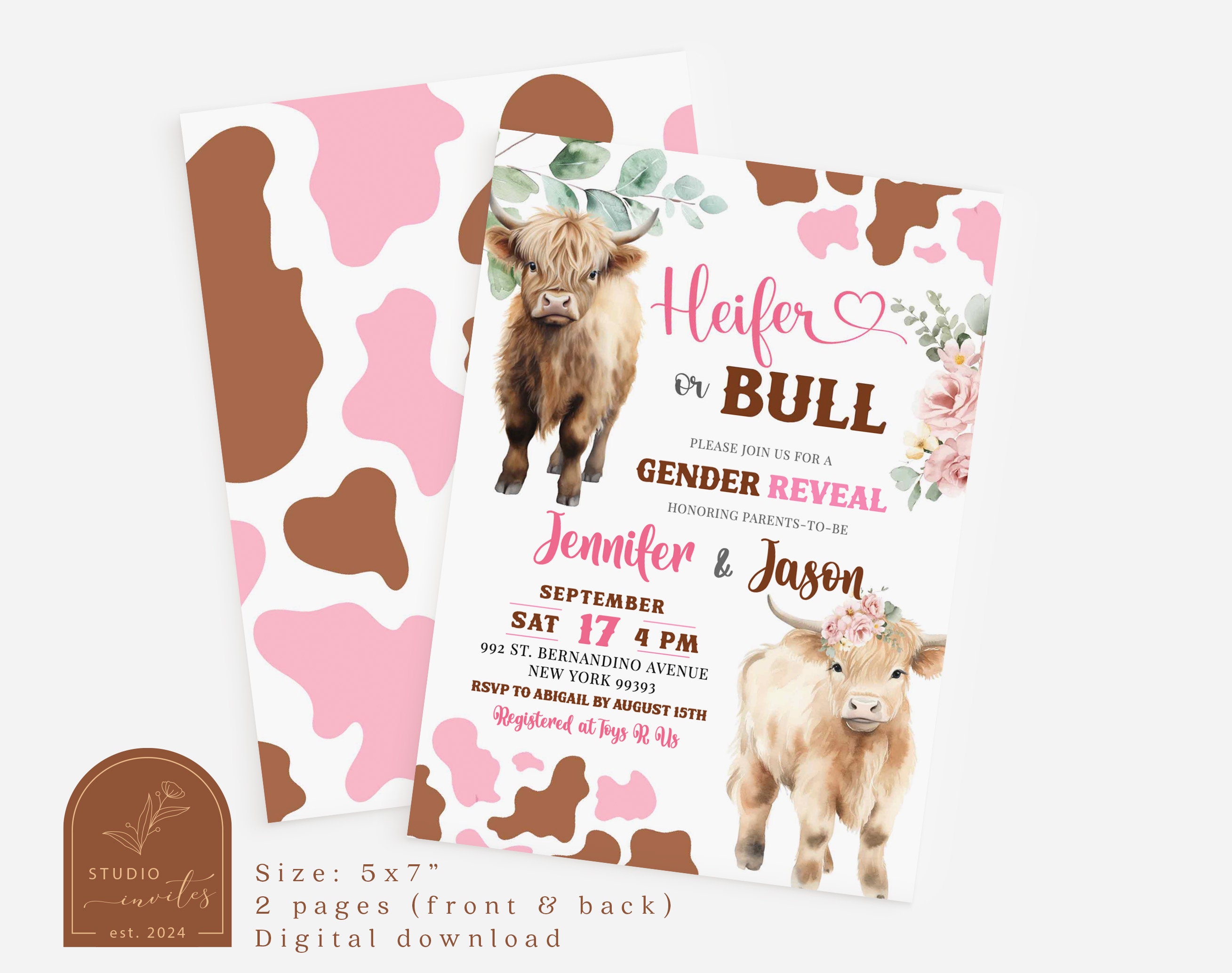 Heifer or Bull Gender Reveal Invitation, Modern Highland Cow New Baby ...