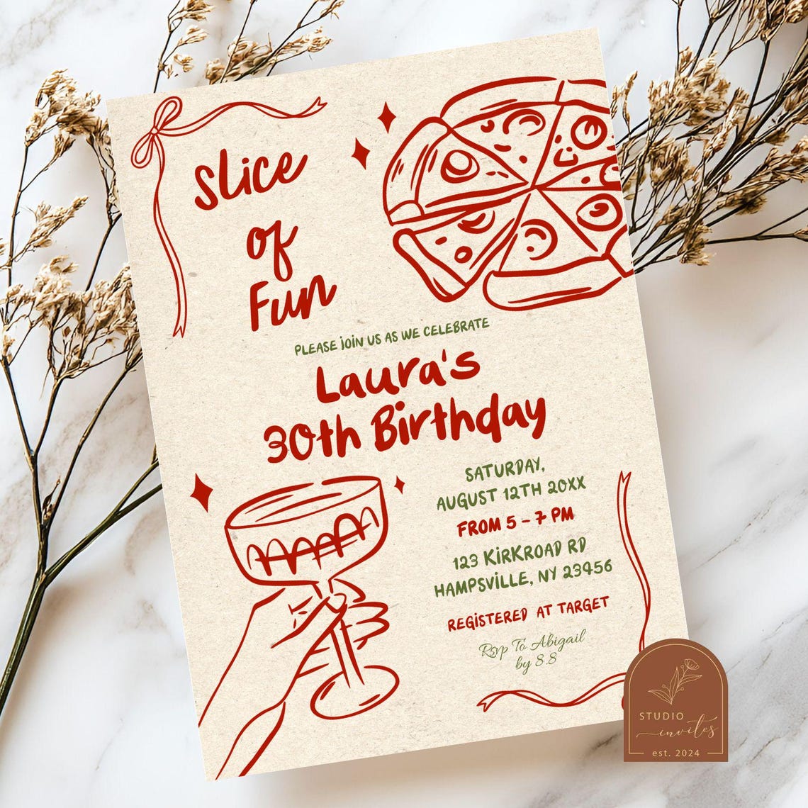 Slice of Fun Pizza Party Birthday Invitation, Red Bow Pizza and Wine ...