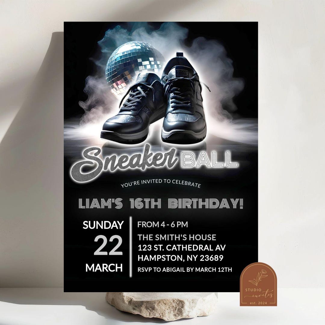 Silver Sneaker Ball Birthday Invitation, Retro Disco Ball Sneakers ...