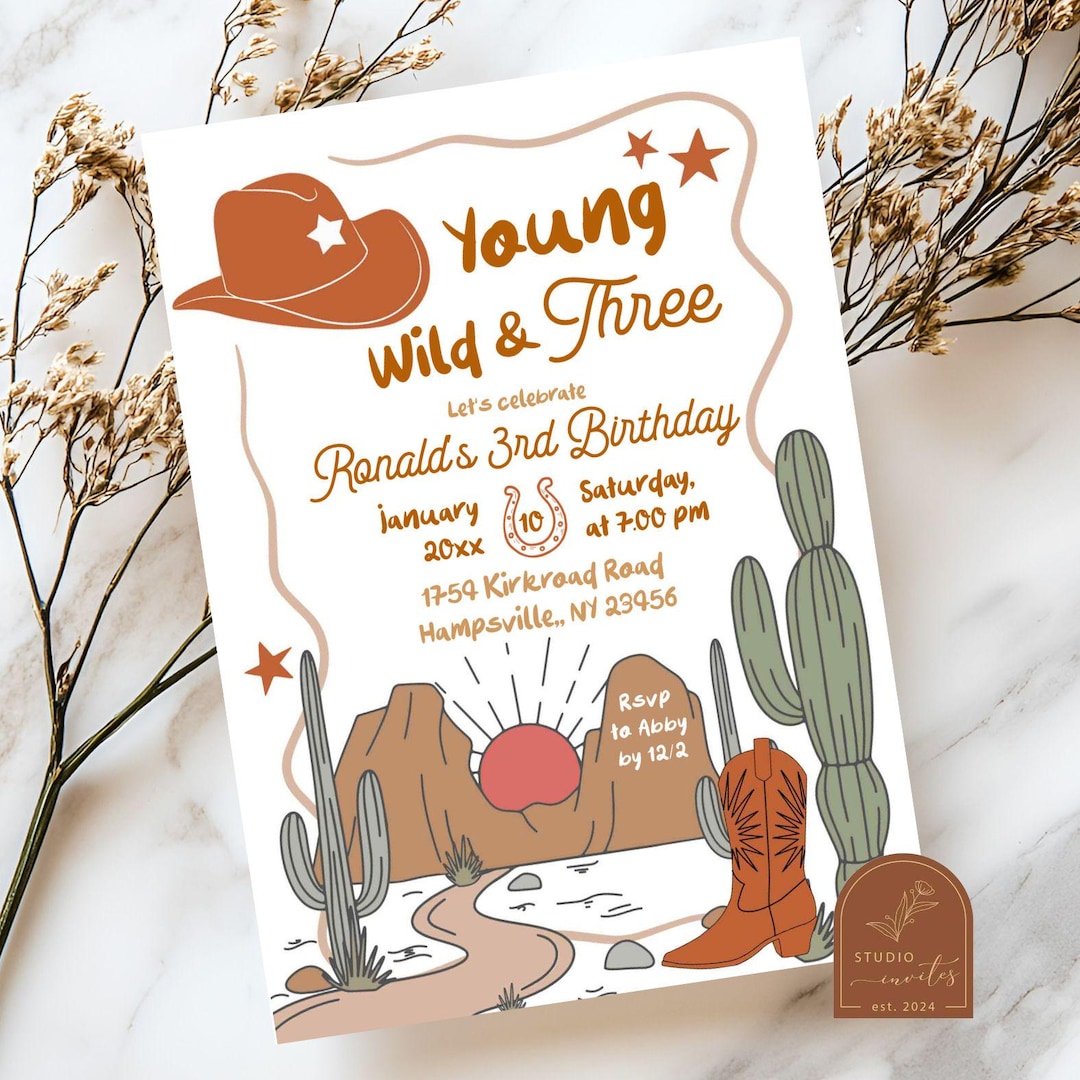 Young Wild and Three Country Cowboy Birthday Invitation, Yeehaw Rodeo ...