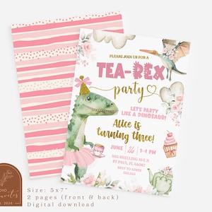 Any Age Tea Rex Girl Dinosaur Tutu Invitation, Three Rex Tutu Dinosaur ...
