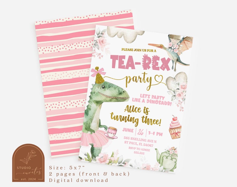 Any Age Tea Rex Girl Dinosaur Tutu Invitation, Three Rex Tutu Dinosaur Girl Tea Party, Par-tea ...